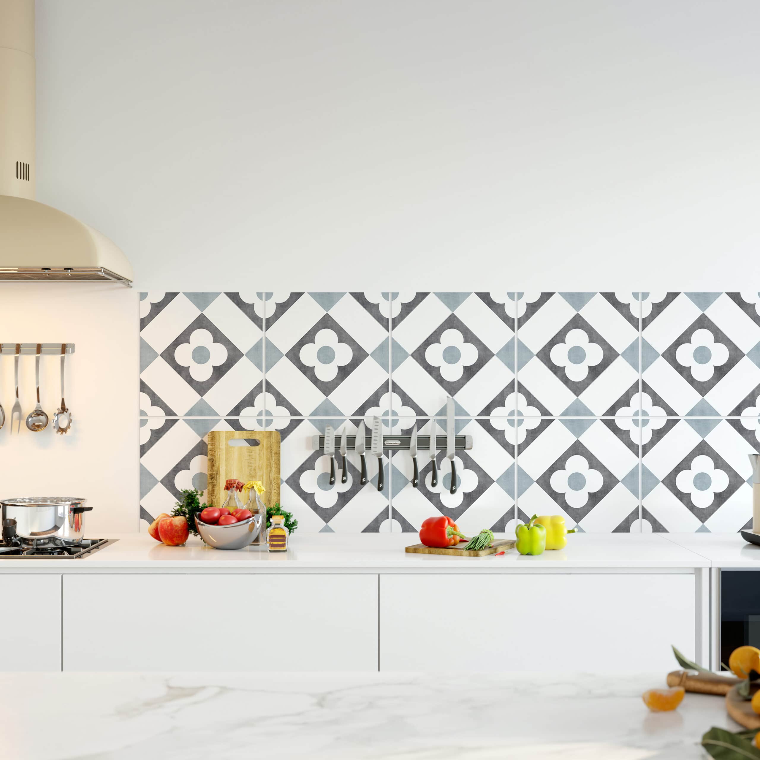 Kitchen Backsplash Decor - Tiles Grey Floral Pattern - guipp-decor.com